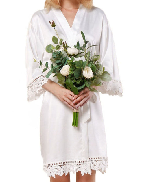 BLANK SATIN ROBE WITH MATCHING CROCHETED LACE TRIM – Victoria Couture